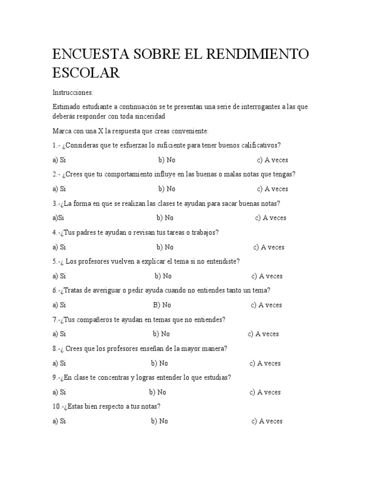 Encuesta Sobre El Rendimiento Escolar | PDF