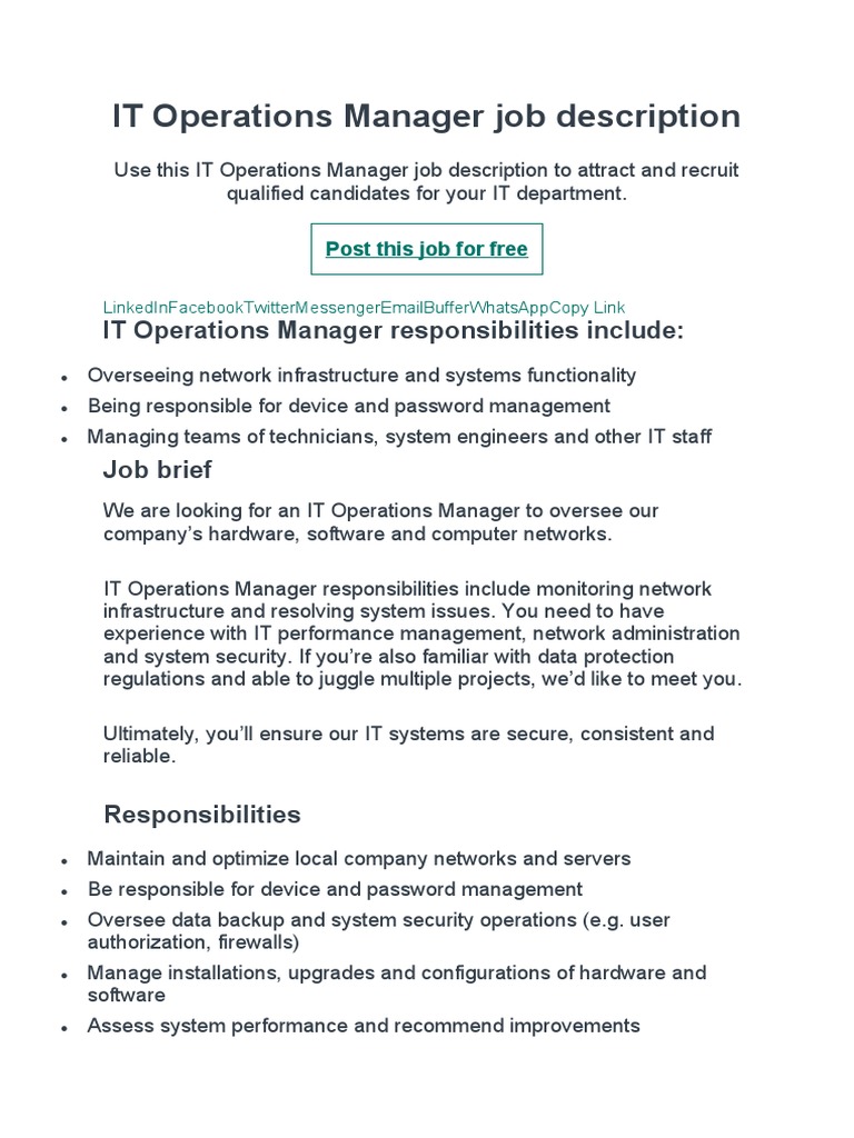 JD - IT Operations Manager Job | PDF
