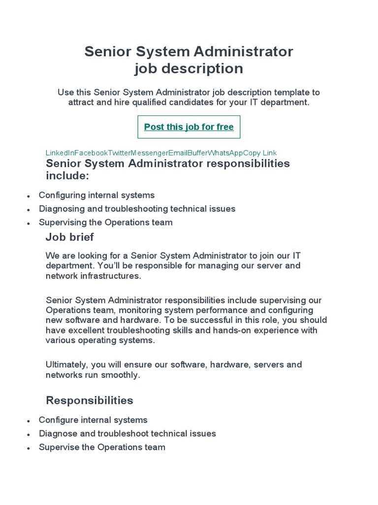 JD - Senior System Administrator Job | PDF