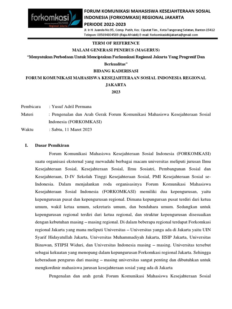 TOR Pengenalan Dan Arah Gerak Forkomkasi | PDF | Ilmu Sosial | Seni