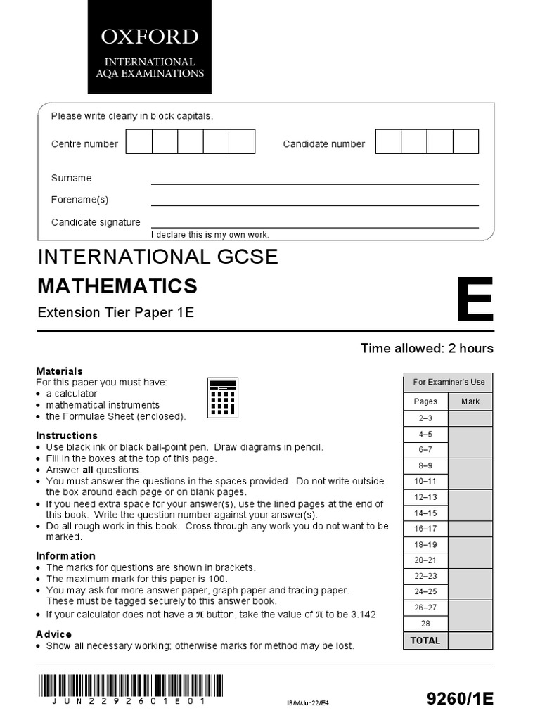 9260 1e Question Paper 1 International Gcse Mathematics Ext Jun22 Pdf Area Geometry