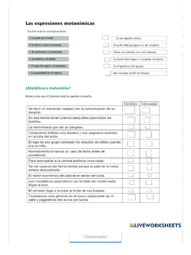 Ejercicio Interactivo de Metonimia | PDF