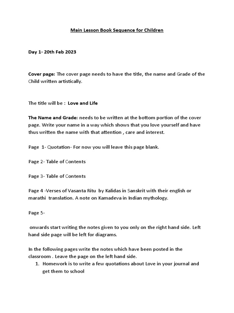 Main Lesson Book Sequence For Children-Love and Life Block | PDF ...