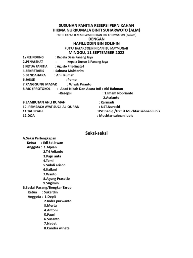 Susunan Panitia Resepsi Pernikahan | PDF