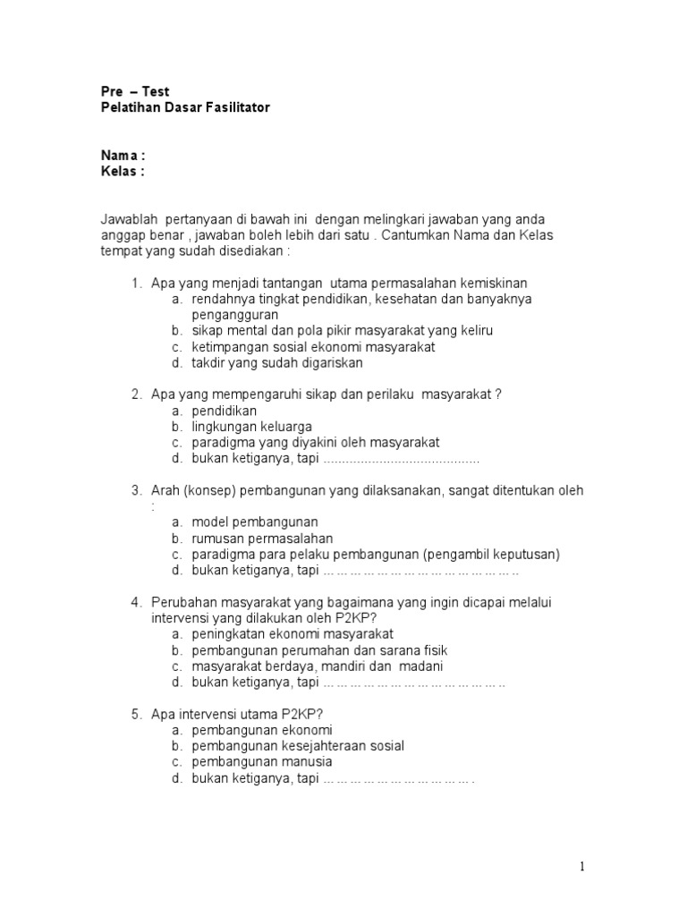 Pre-Test Pelatihan Fasilitator P2KP | PDF