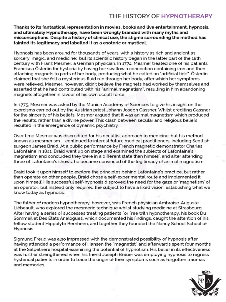 A History of Hypnotherapy | PDF | Hypnosis | Psychology