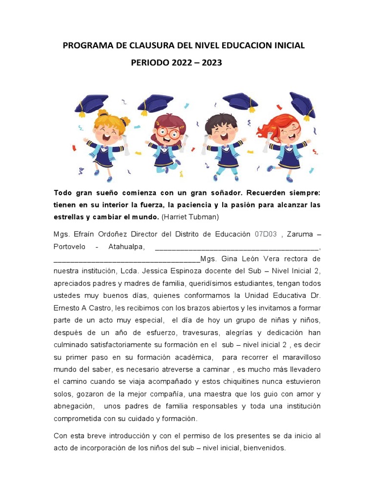 Programa de Clausura Del Nivel Educacion Inicial | PDF | Educación de la primera infancia