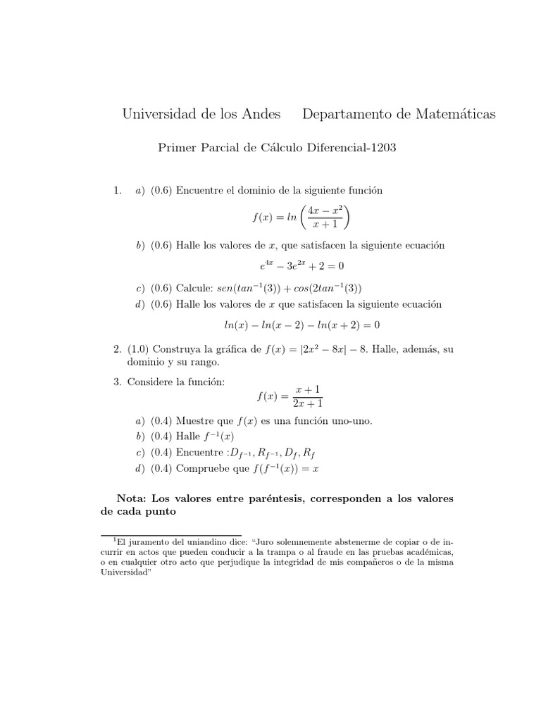 Universidad de Los Andes Departamento de Matem Aticas: Primer Parcial ...
