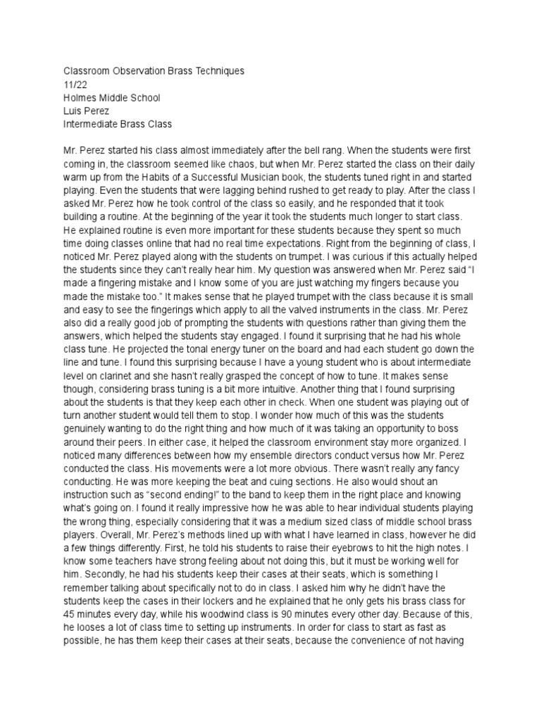 Classroom Observation Brass Techniques | PDF | Brass Instruments | Trumpet