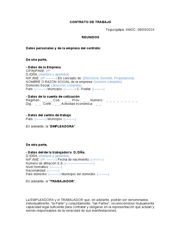 Modelo Contrato de Trabajo Indefinido en Word | PDF | Salario | Tiempo ...