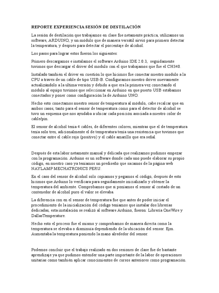 Reporte Experiencia Sesión de Destilación PDF | PDF | Arduino | Software