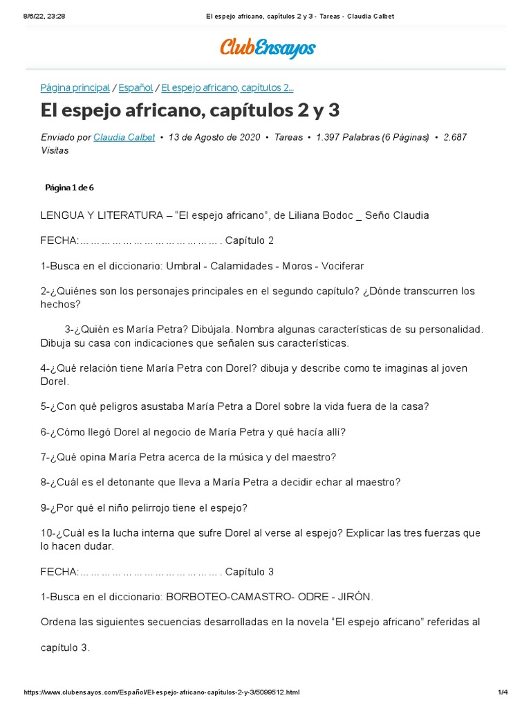 El Espejo Africano, Capítulos 2 y 3 - Tareas - Claudia Calbet | PDF | Lectura (proceso) | Escritura