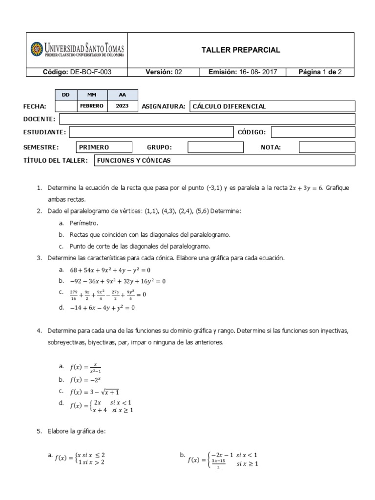 Taller Pre Parcial Diferencial Corte Uno PDF | PDF | Matemáticas | Análisis matemático