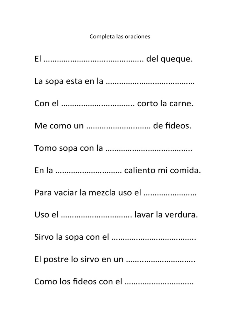 Completa Las Oraciones | PDF | Cocina, comidas y vino