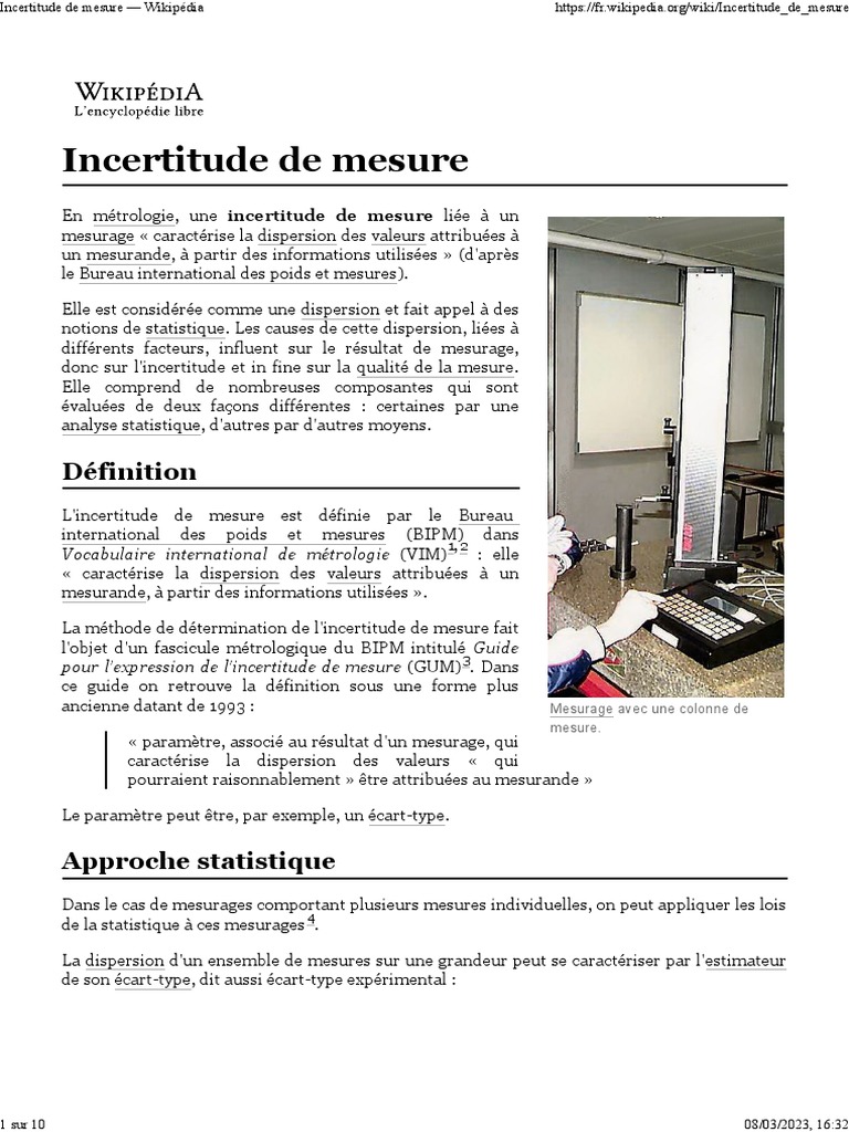 Incertitude de Mesure - Wikipédia - Copie | PDF | Métrologie | Science