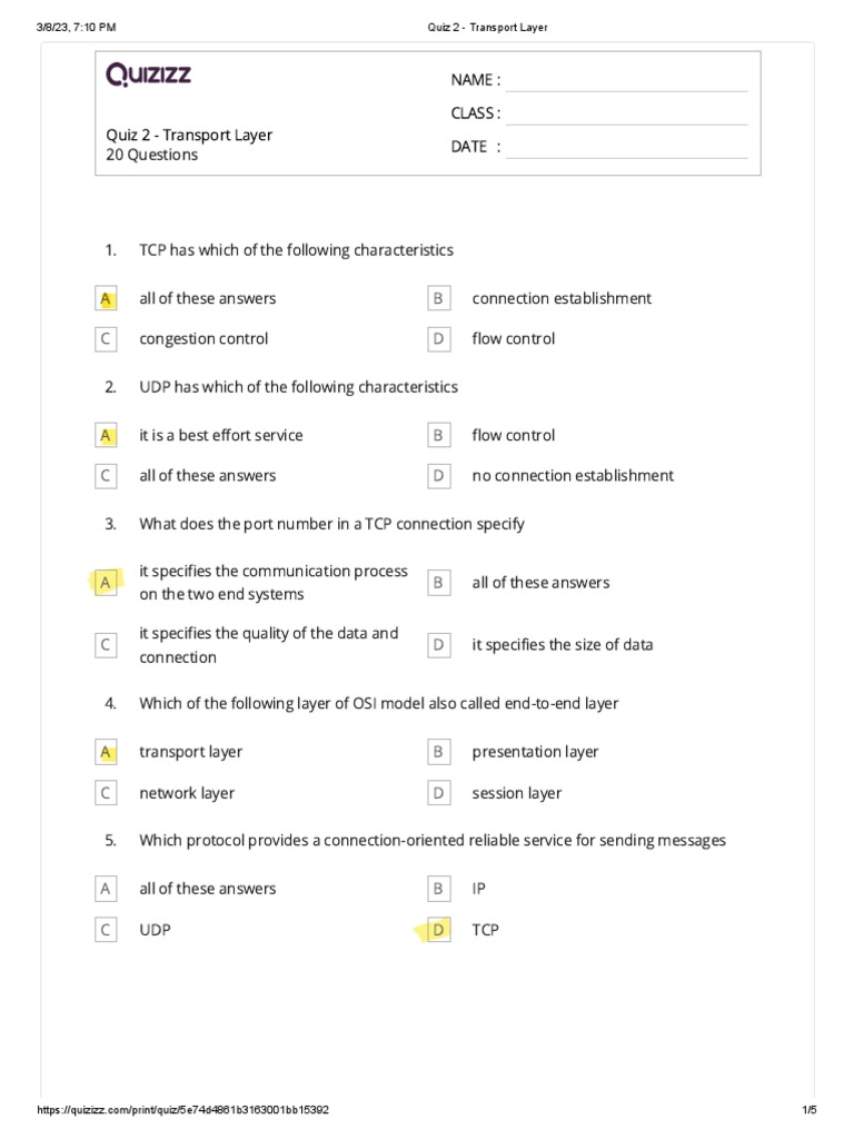 Quiz 2 - Transport Layer | PDF | Transmission Control Protocol | Osi Model