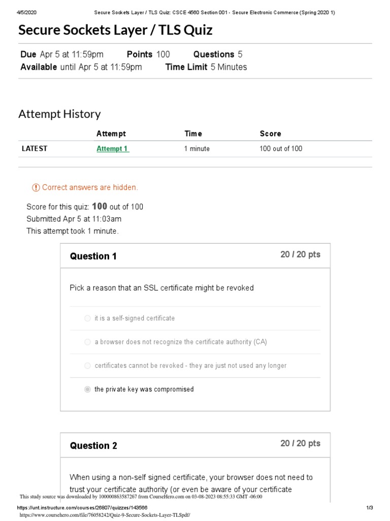 Quiz 9 Secure Sockets Layer TLS PDF | PDF | Public Key Certificate | Transport Layer Security