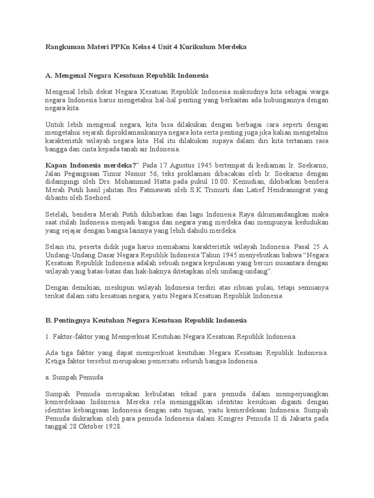 Rangkuman Materi PPKN Kelas 4 Unit 4 Kurikulum Merdeka | PDF