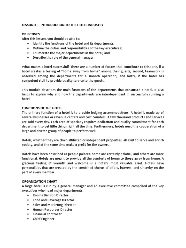 Lesson 3 Introduction To The Hotel Industry | PDF | Human Resources | Hotel