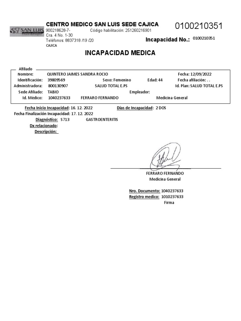 Ejemplo de Incapacidad Médica Cajicá | PDF | Relaciones personales ...