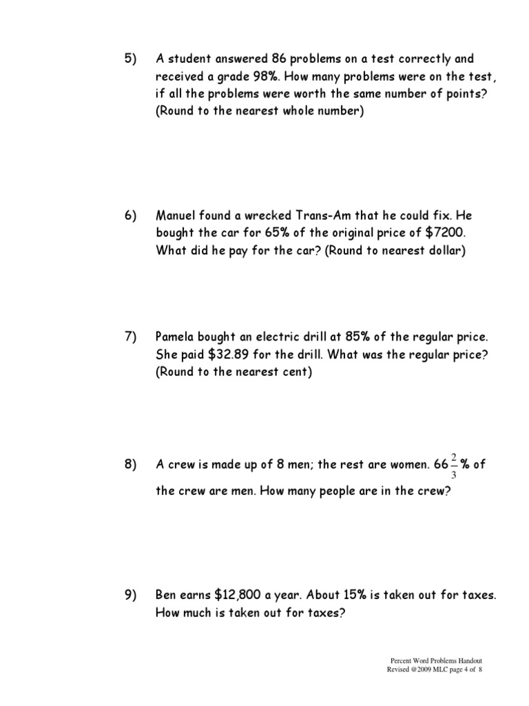 Percent Word Problems | PDF | Sports & Recreation