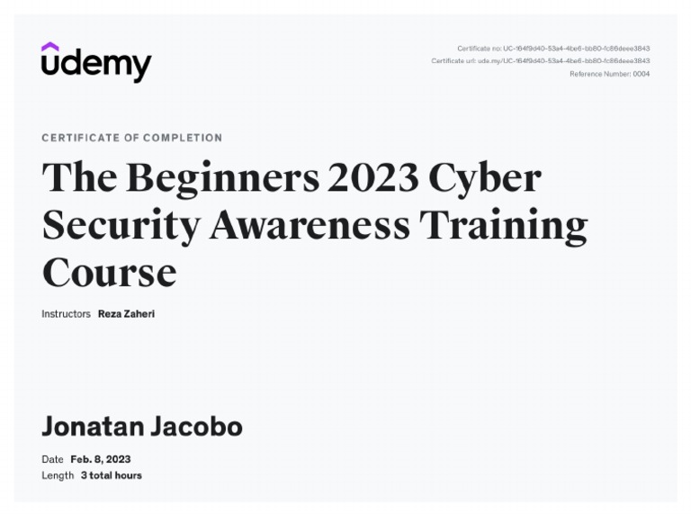 Udemy Certificate - The Beginners 2023 Cyber Security Awareness ...