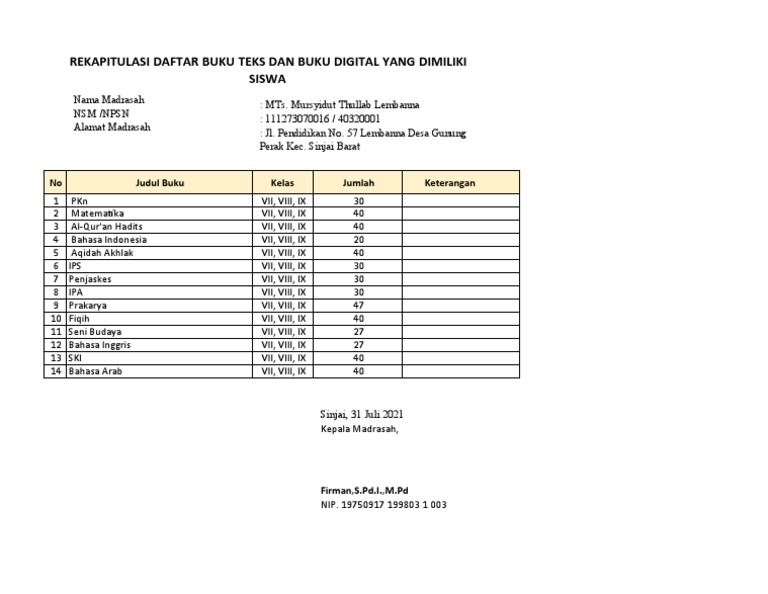 D.5. Rekap Daftar Buku Teks Digital Yang Di Miliki Siswa (D5) | PDF