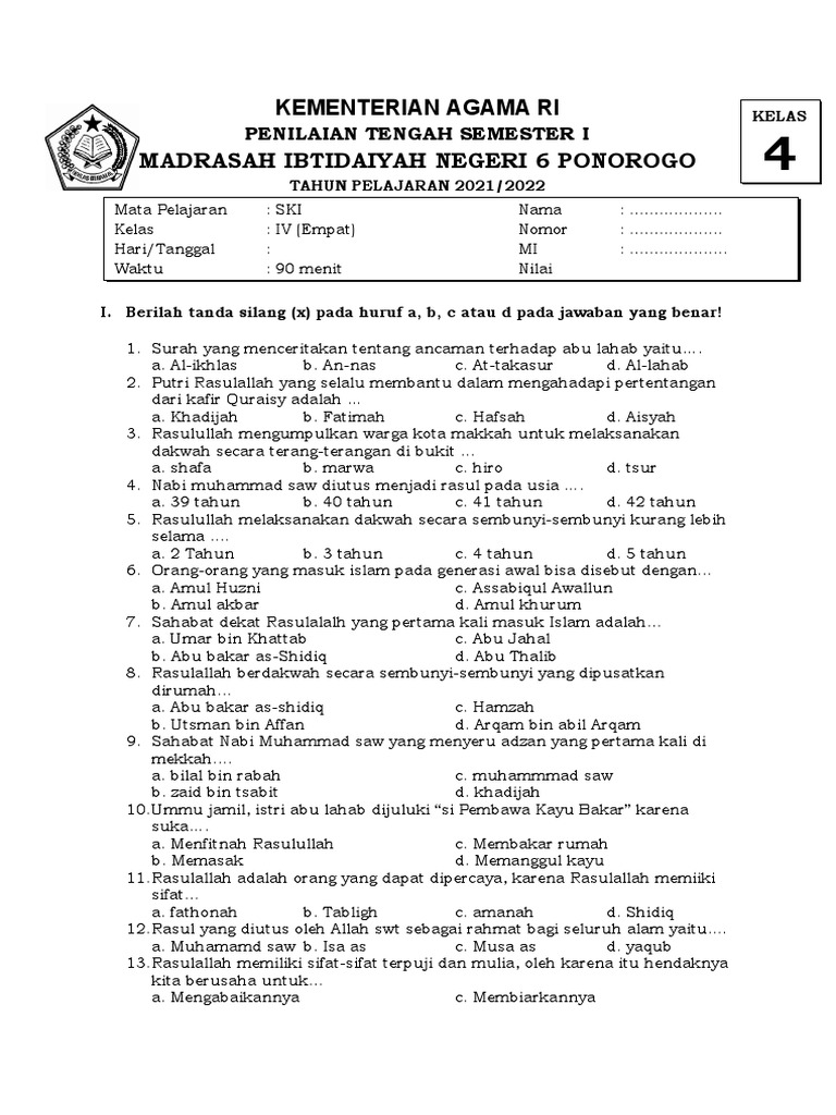 Soal PTS Ski KLS 4 | PDF