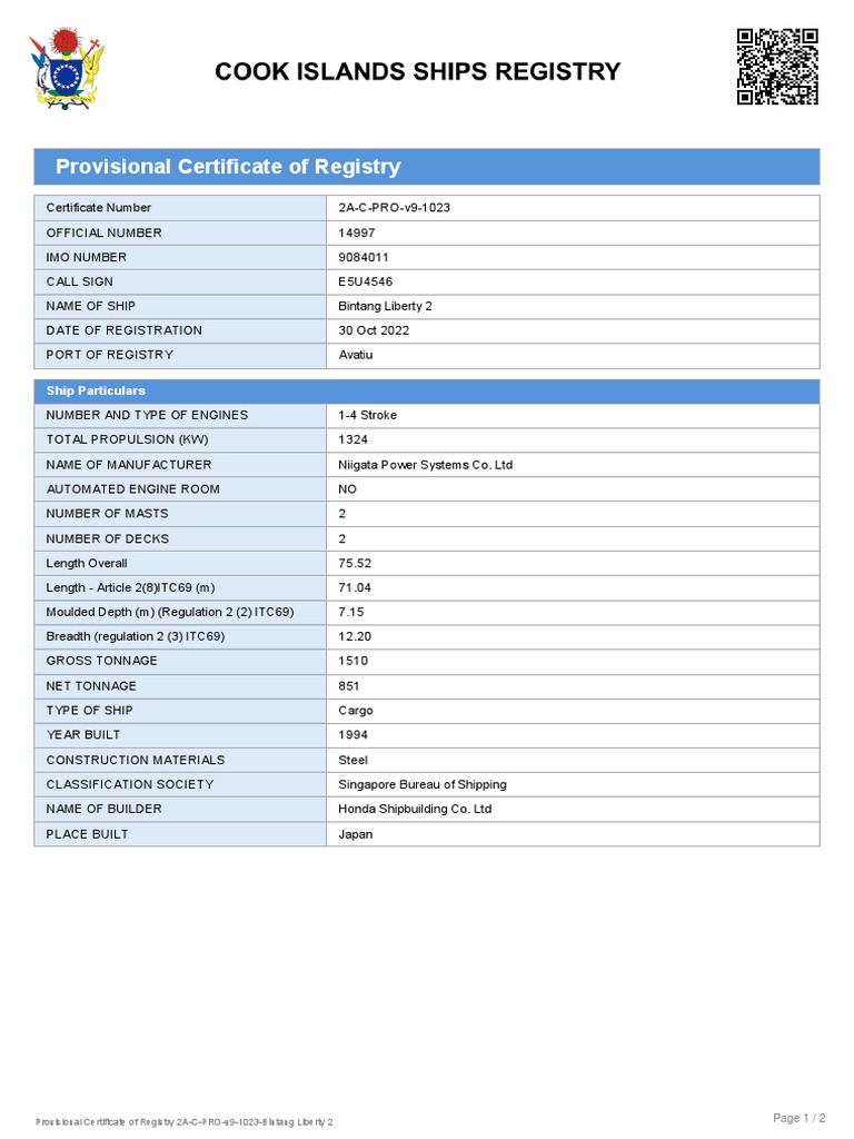 Provisional Certificate of Registry 2A-C-PRO-v9-1023-Bintang Liberty 2 ...
