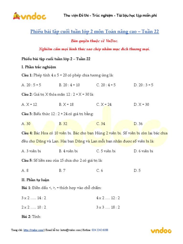 Phieu Bai Tap Cuoi Tuan Lop 2 Mon Toan Nang Cao Tuan 22 | PDF