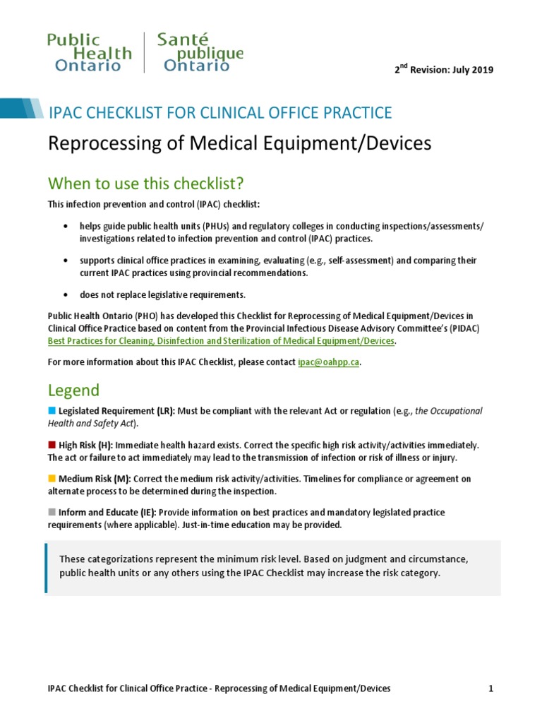 IPAC Checklist: Medical Equipment Reprocessing | PDF | Medical Device | Personal Protective ...