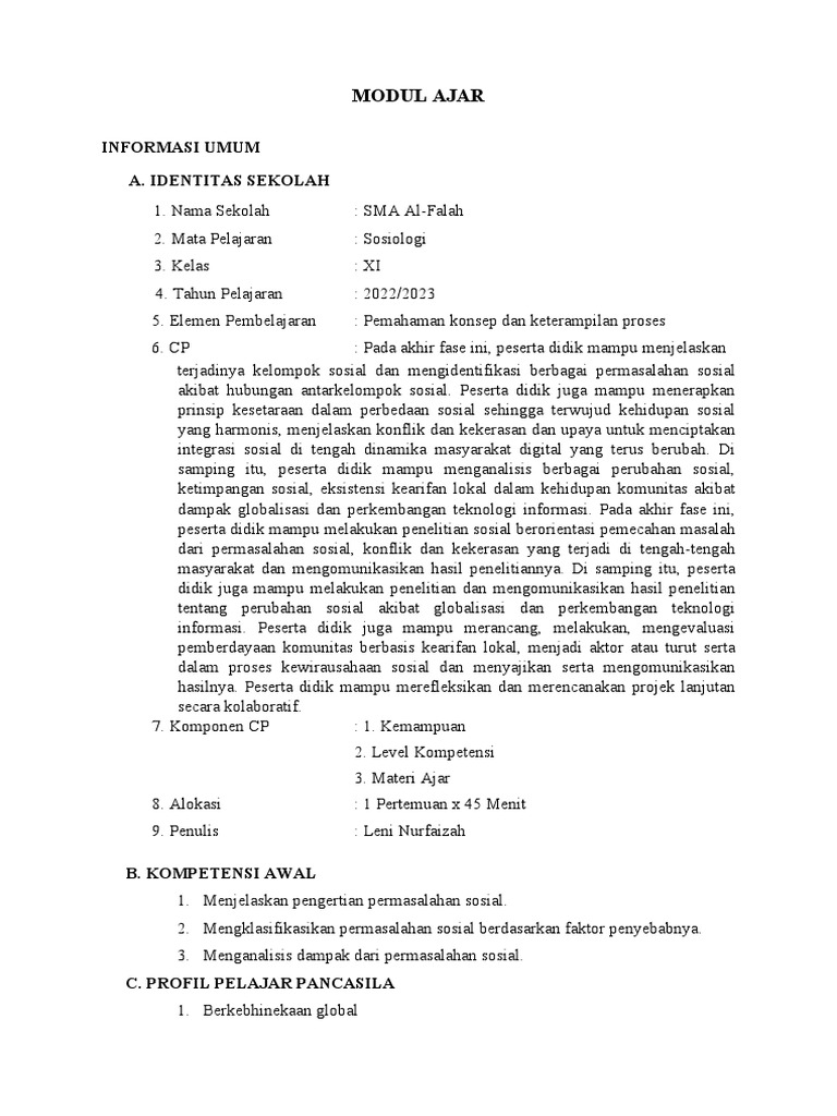 Modul Ajar - Sma Sosiologi Xi | PDF