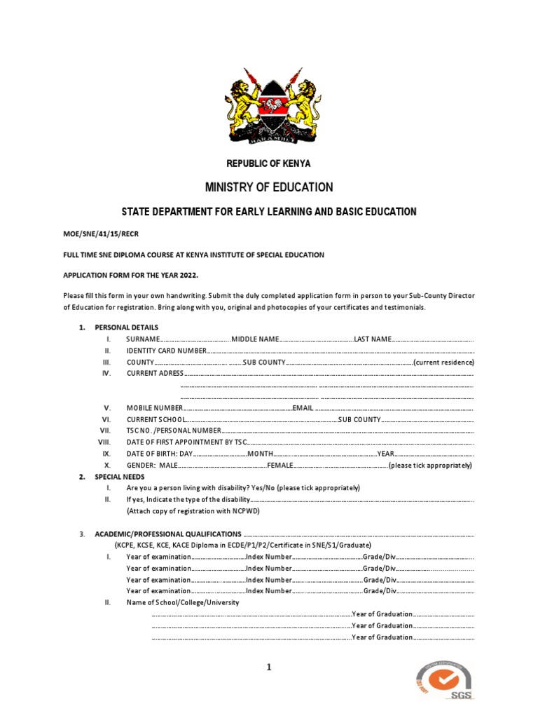 KISE SNE Diploma Application Form 2025 | PDF | Disability