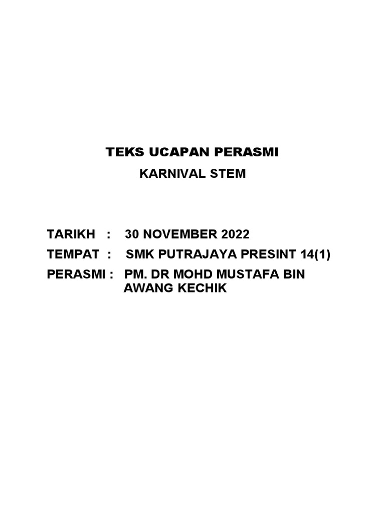 TEKS UCAPAN PERASMIAN Karnival Young STEMist Expo (YSE) | PDF