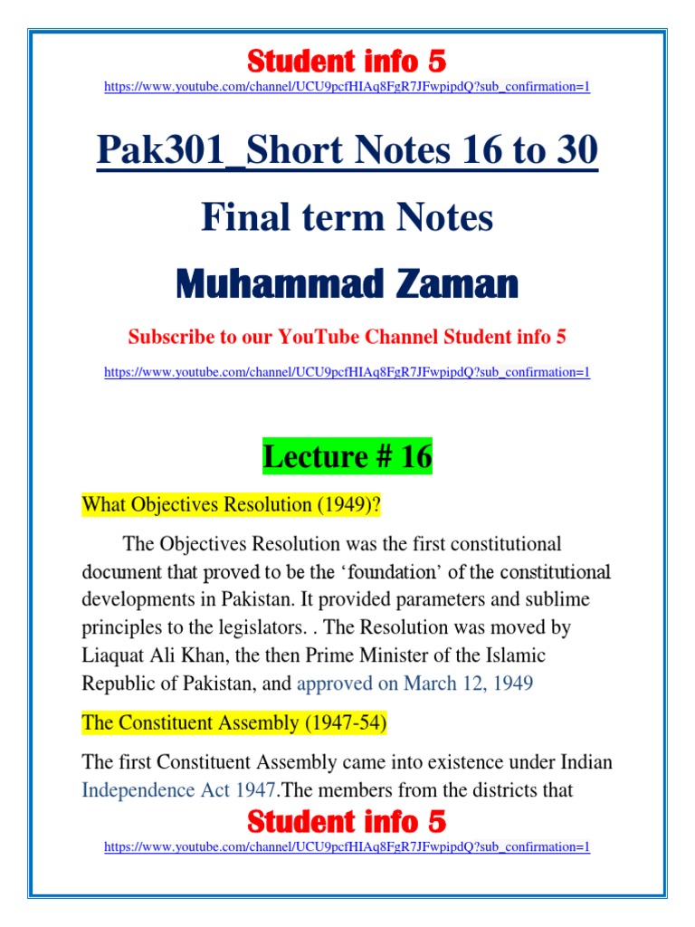 Pak301 - Short Notes 16 To 30 For Final Term 2023 by Student Info 5 ...