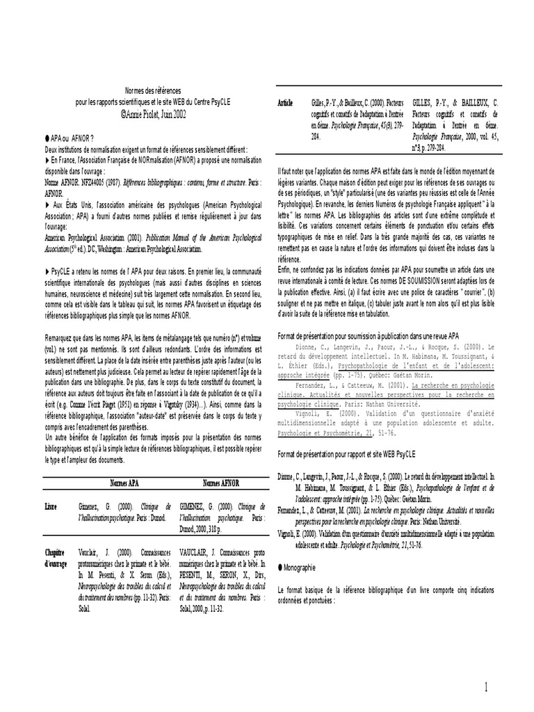 Normes APA Et AFNOR Annie Piolat 2002 | PDF | Psychologie | Sciences ...