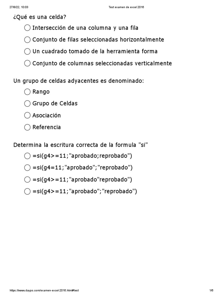 Test de Excel 2016: Preguntas y Respuestas | PDF | Microsoft Excel ...