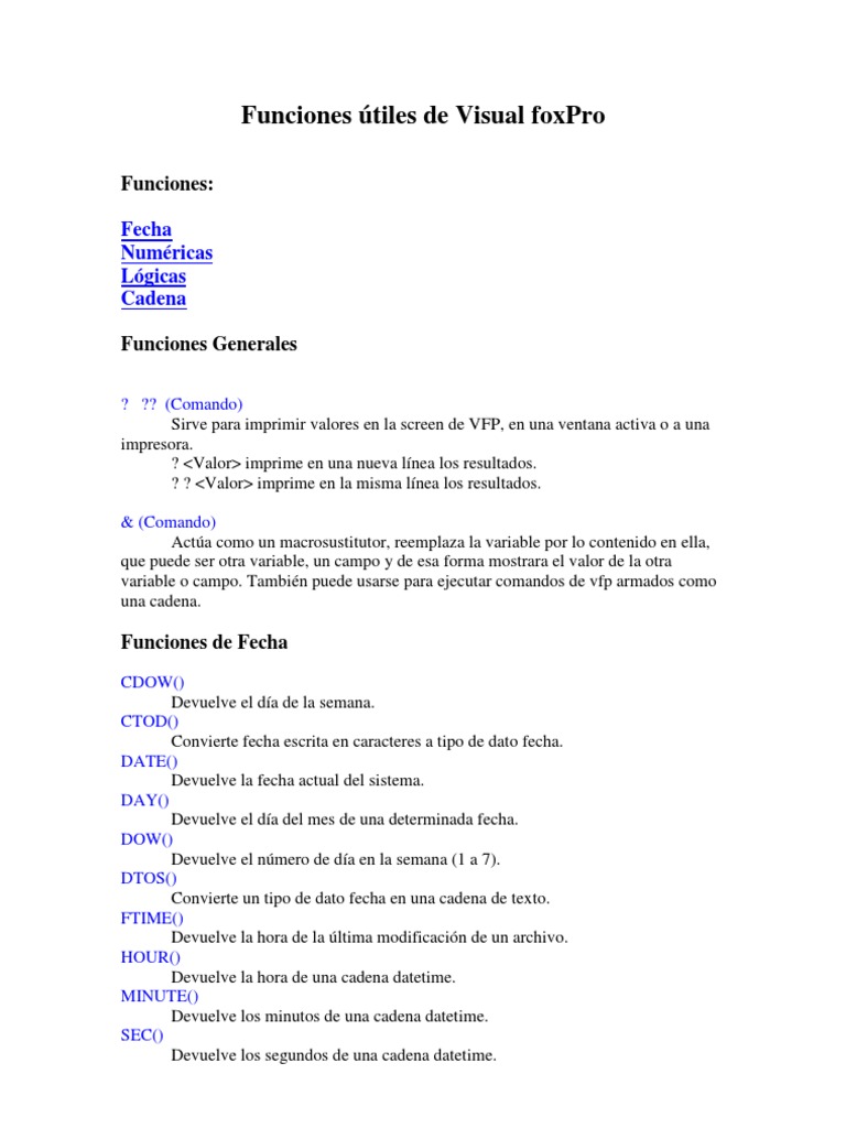 Funciones VFP | PDF | Tipo de datos | Cadena (informática)