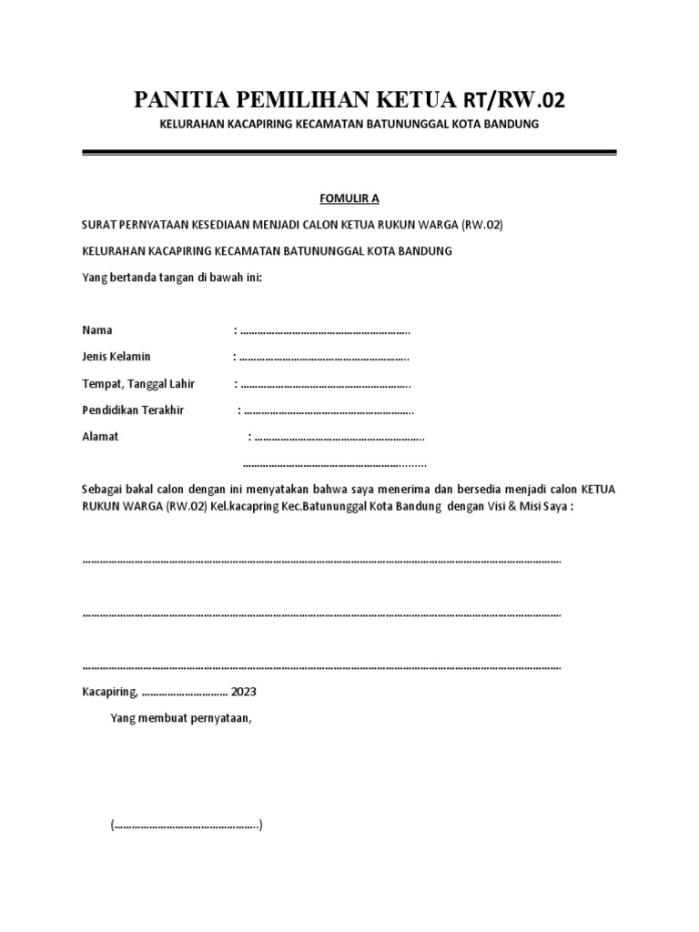 Formulir Pendaftaran Calon Ketua RW | PDF Formulir Pendaftaran Calon Ketua RW | PDF