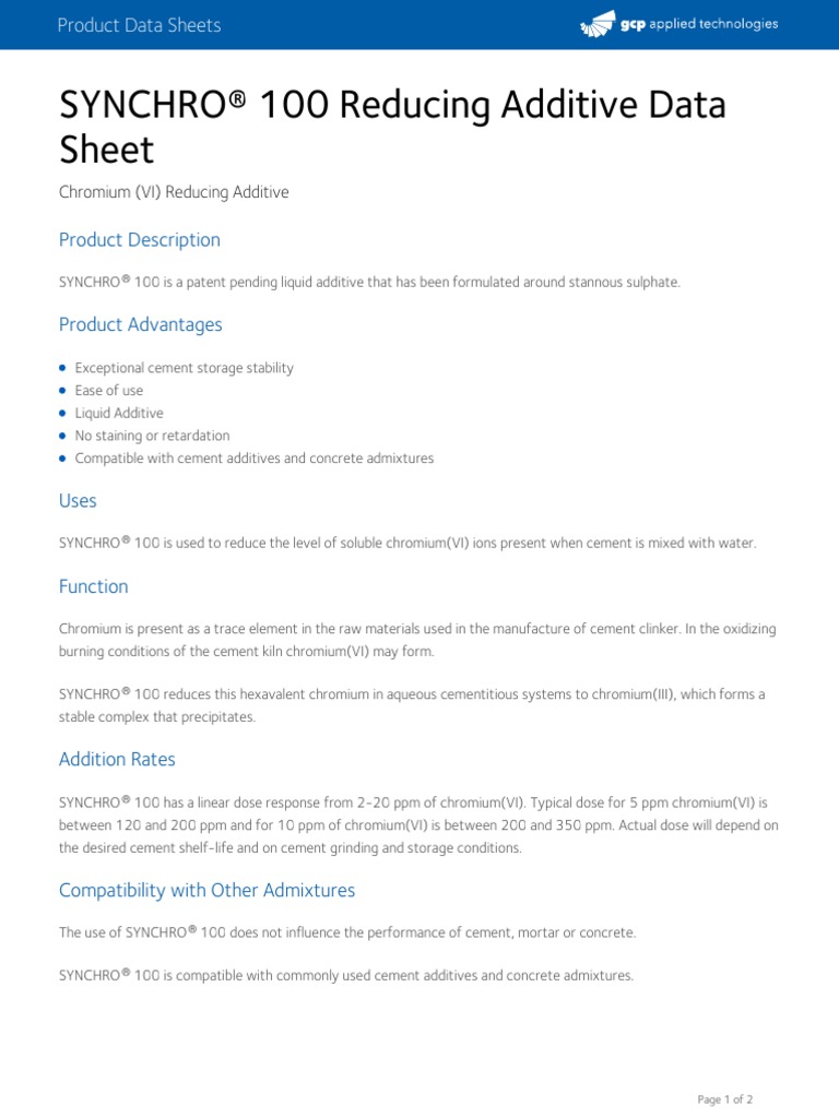 GCPAT Synchro 100 Reducing Additive Us 3426 | PDF | Cement | Chromium