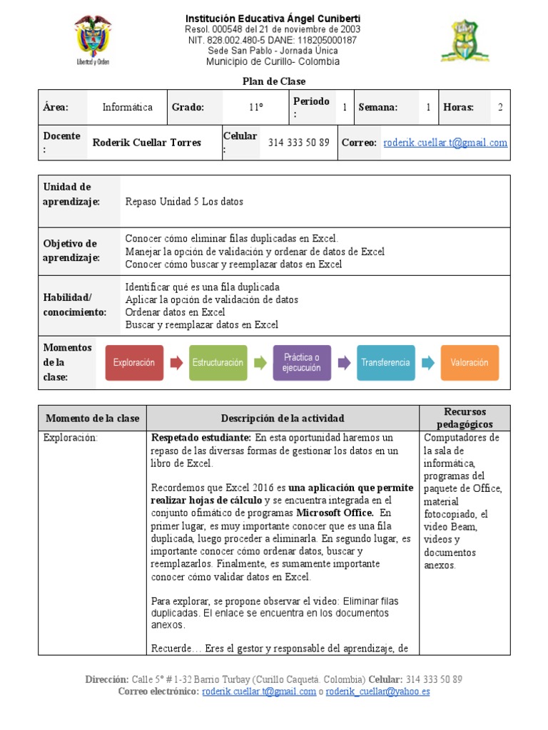 Planeador de Clases 1 y 2 | PDF | Microsoft Excel | Aprendizaje