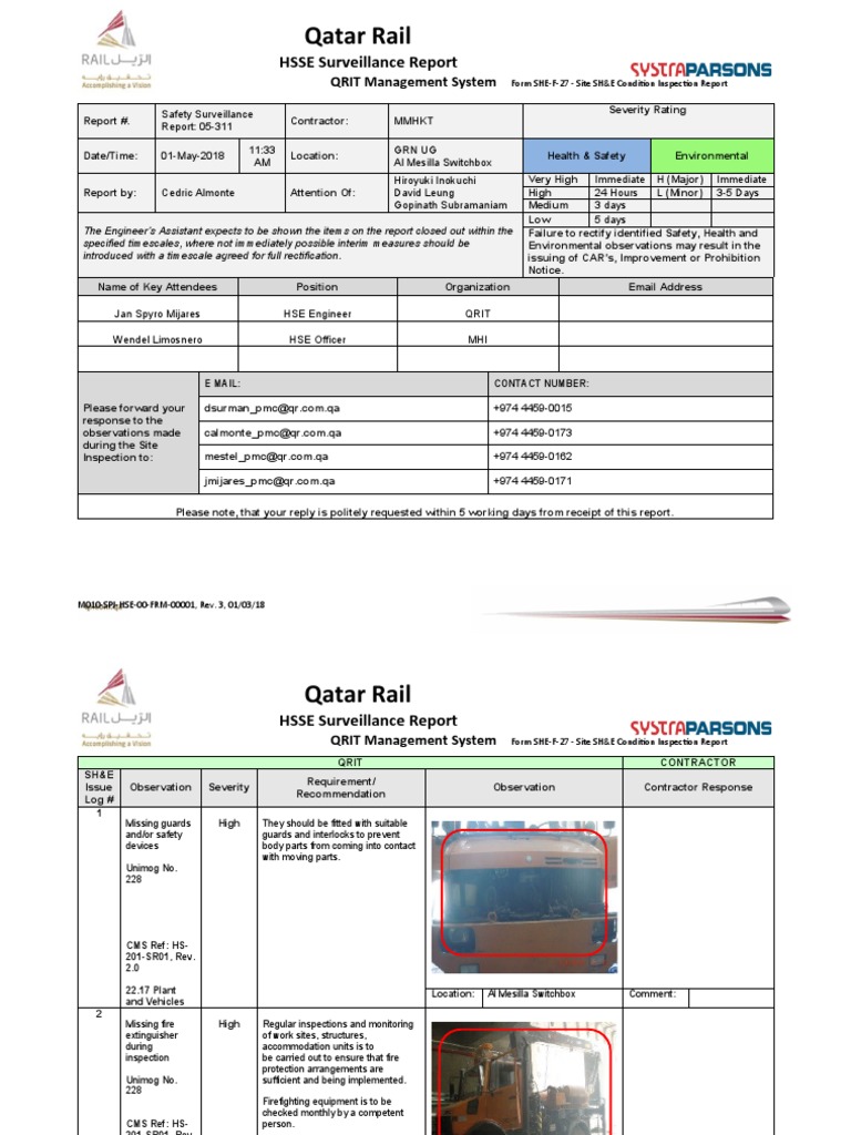 Site SHE Condition Inspection Report 01-05-2018 CA 311 | PDF ...