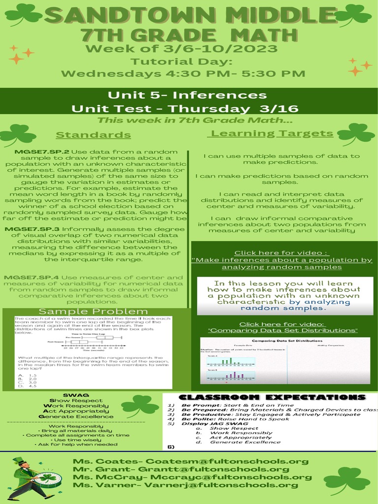 7th Grade Math Week Overview: Inferences | PDF | Sampling (Statistics ...