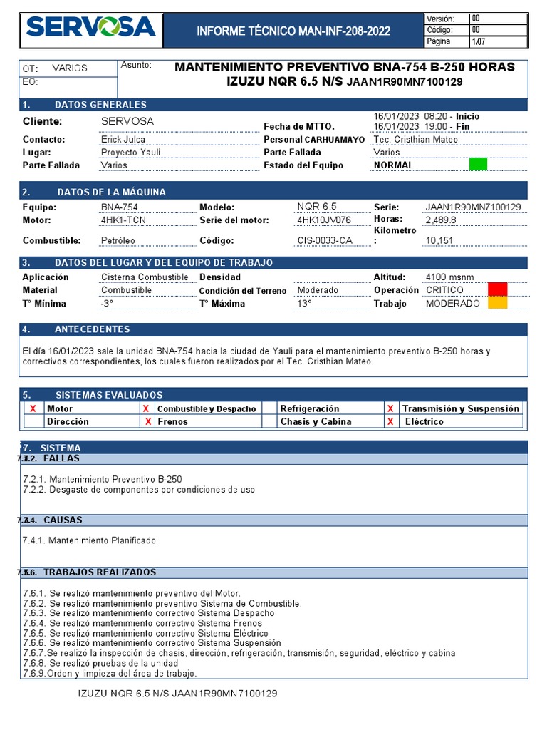 Informe técnico de mantenimiento preventivo y correctivo de una cisterna de combustible | PDF ...