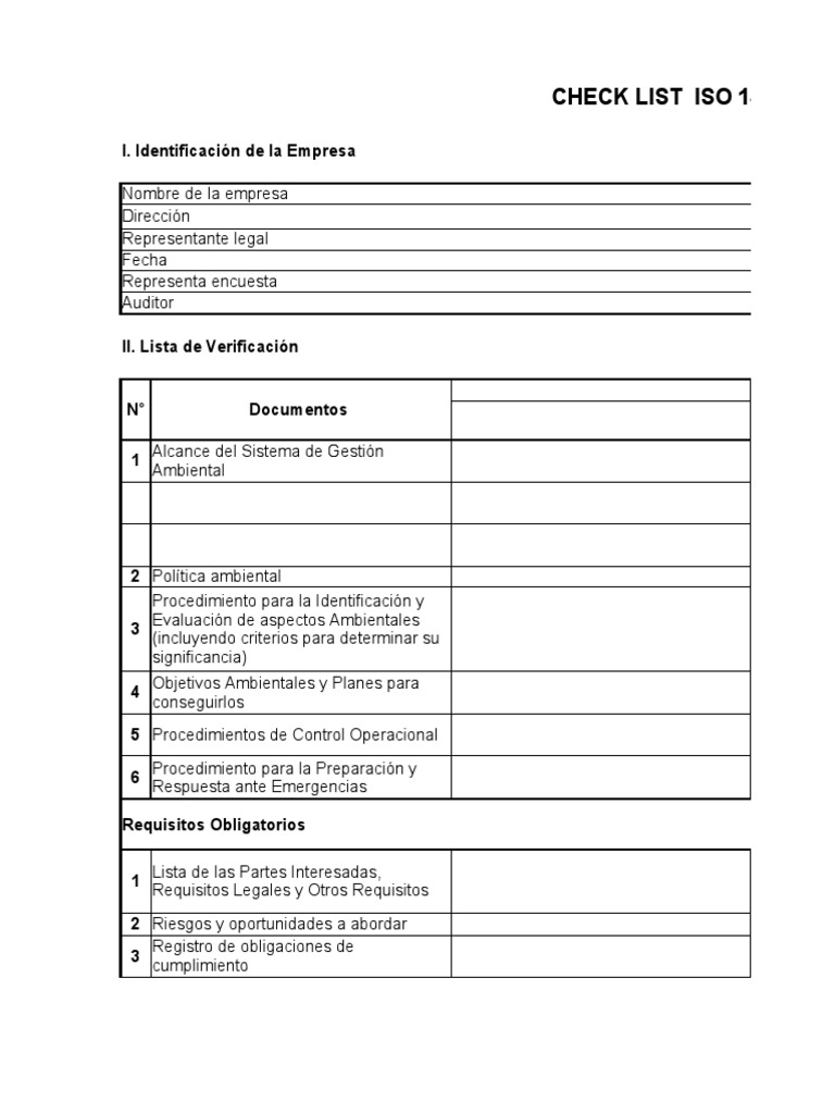 Check List ISO 14001 | PDF | Auditoría | Contaminación Check List ISO 14001 | PDF | Auditoría | Contaminación