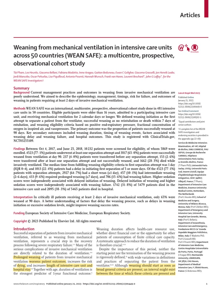 Weaning From Mechanical Ventilation in ICU Across 50 Countries. WEAN ...