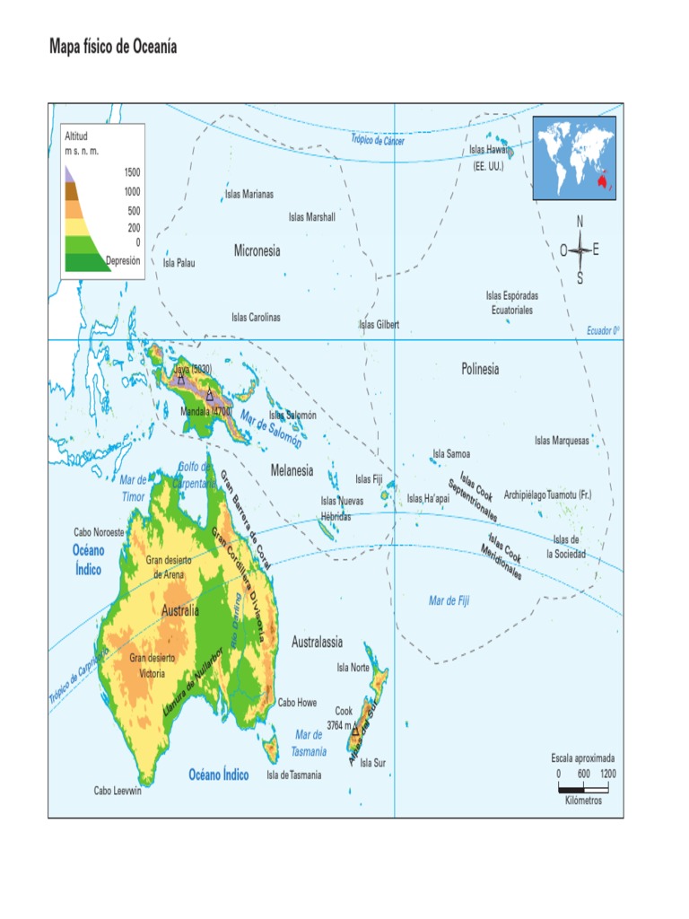 Mapa Físico de Oceanía | Descargar gratis PDF | Oceanía | Oceanografía