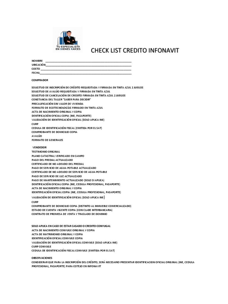 Check List Credito Infonavit Sergio | PDF