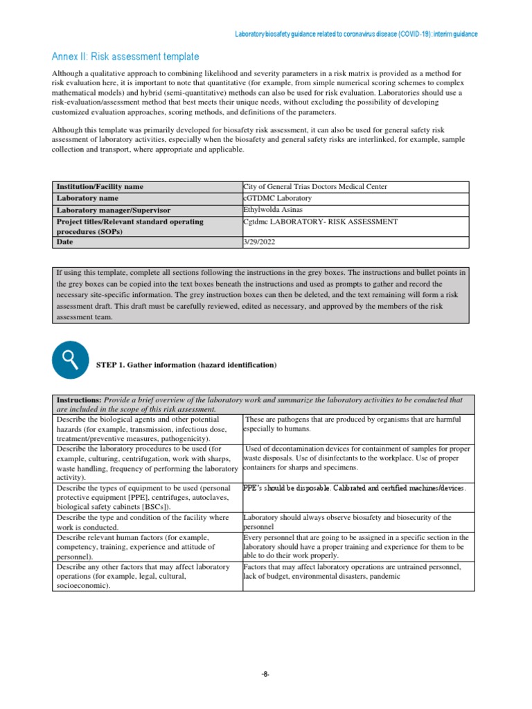 WHO Risk Assessment Template - Annex2-IMMA | PDF | Laboratories | Risk WHO Risk Assessment Template - Annex2-IMMA | PDF | Laboratories | Risk