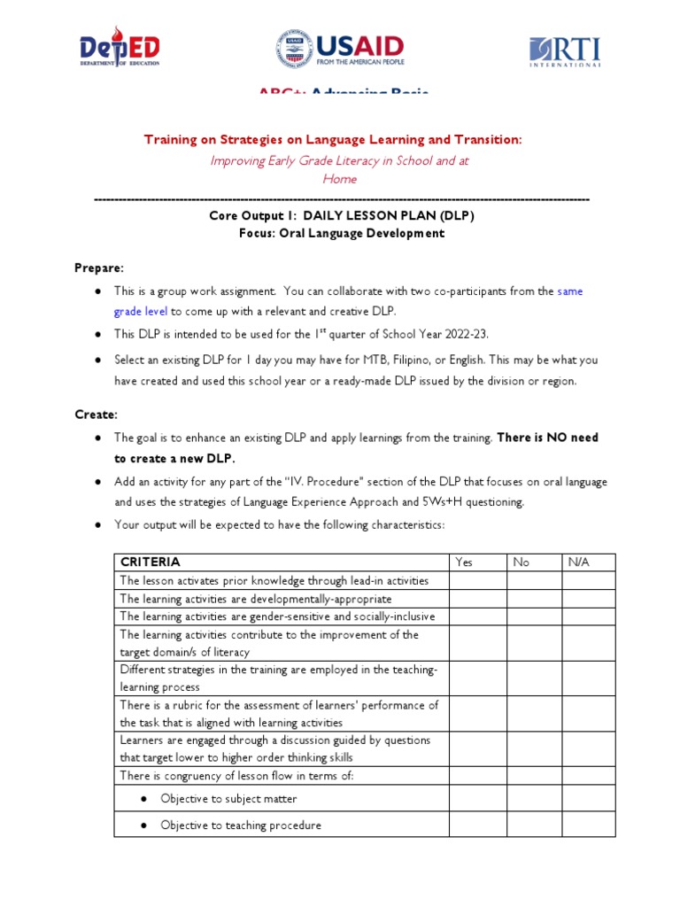TT1 - ROLLOUT - Revised Core Output1 - DLP-Oral Language - 01042023 | PDF | Lesson Plan | Learning